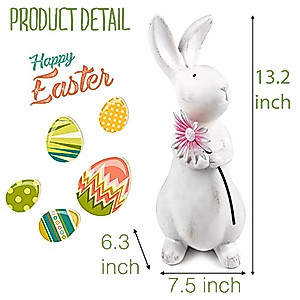 Lotus Hills Spring Easter Decorations, 13.2" Distressed Resin Easter Bunny with Pink Flower, Easter Gifts for Kids Girls, Farmhouse Decorative Rabbit for Tabletop Mantel, Spring Garden Yard Décor