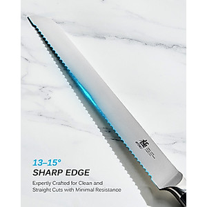 KYOKU 10" Serrated Bread Knife, Samurai Series Serrated Knife for Homemade Bread Pastries with Pakkawood Handle, Japanese High Carbon Steel Cake Knife, Full Tang Bread Cutting Knife with Sheath & Case