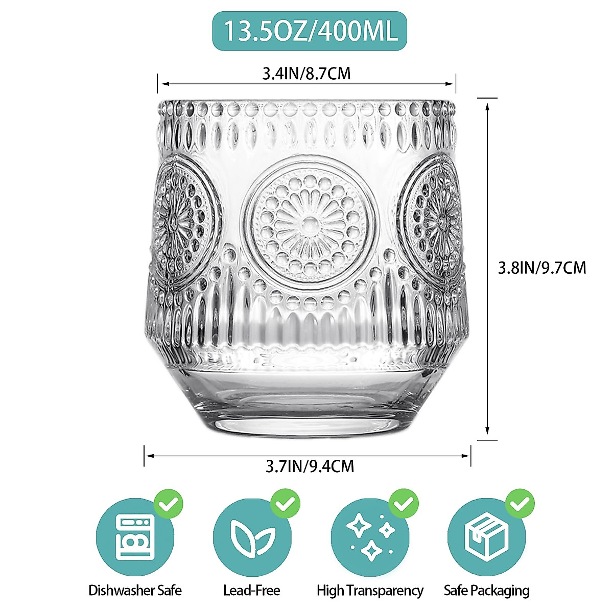 Wongblee Vintage Whiskey Glasses Set of 6, 13.5 OZ Scotch Bourbon Rock Glasses, Old Fashioned Embossed Drinking Cups for Gift, Home Bar, Party