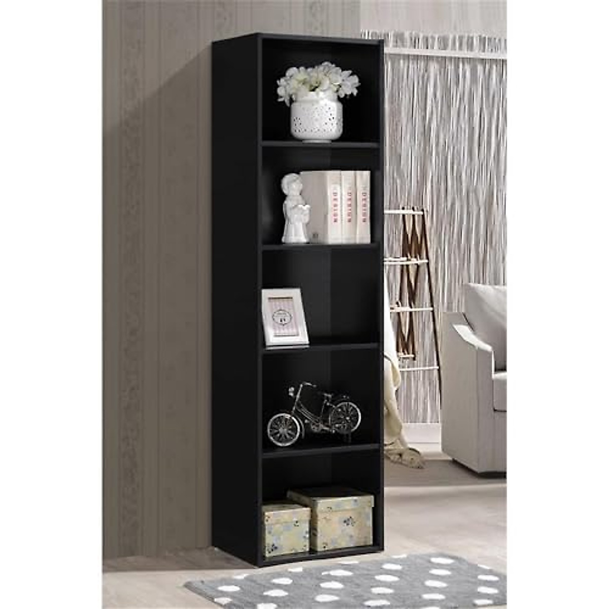 Home Square Five Shelf Wooden Bookcase Set in Black (Set of 2)