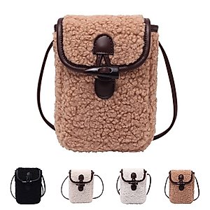 Women's Sherpa Cellphone Crossbody Purse, Teddy Fleece Small Shoulder Bag, Winter Trendy Phone Wallet (Khaki)