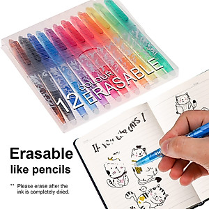 Zayvor 12 Color Erasable Colored Gel Pens Rollerball Pens, 3 Refillable Pen, Eraseablenpens Rolling Ball Pens Eraser Pen Multicolor Black, Fine Point 0.7mm, Drawing Pens Writing Pen With Eraser