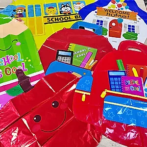 CYMYLAR 11 Pcs Back to School Balloons/Large Yellow School Bus Balloon/Colorful School Bag Pencil Crayon Box Foil Balloons/Red Yellow Mylar Helium Star/School Teacher Party Supplies/Blue Latex Balloon