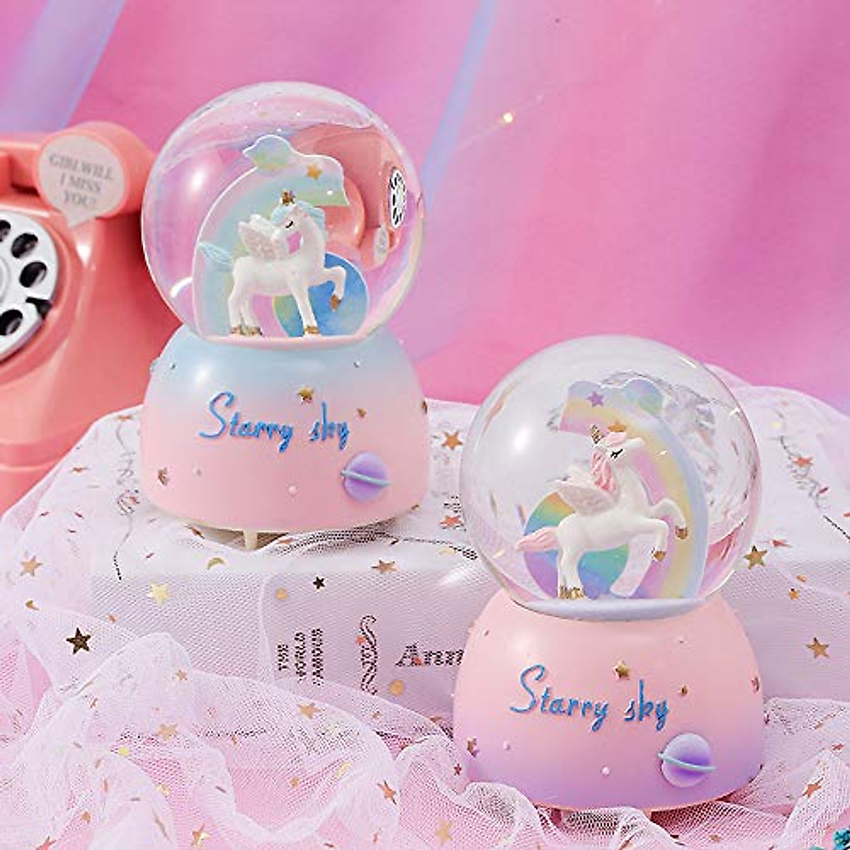 AVEKI Unicorn Snow Globe, 3.94 Inch Automatic Snowfall Musical Snow Globe with Lights Cute Rainbow Snow Lights for Kids Babies Birthday Christmas New Year Gifts(Blue)