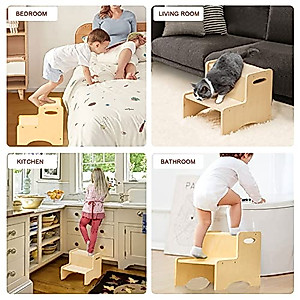 Wood City Wooden Toddler Step Stool for Kids, Bathroom Potty Stool & Kitchen Stool, Natural Two Step Stool for Bedroom, Children's Stool with Handles and Safety Non-Slip Pads
