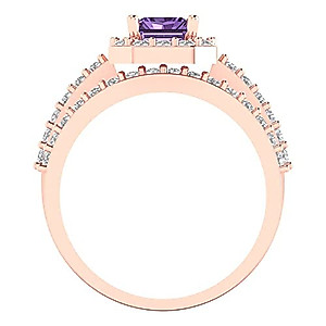 Clara Pucci 2.20ct Emerald Cut Halo Solitaire Accent Created Alexandrite Engagement Anniversary Bridal Ring Band set 18K Rose Gold 7.75
