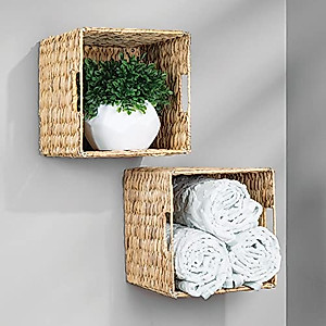 mDesign Natural Woven Hyacinth Cube Bin Basket Organizer with Handles, Storage for Bedroom, Home Office, Bathroom, Shelf and Cubby Organization, Hold Blankets, Magazines, Books, 4 Pack, Natural/Tan