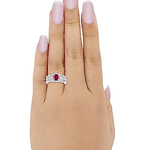 Blue Apple Co. Halo Art Deco Three Piece Wedding Engagement Bridal Set Ring Band Solid Simulated Ruby 925 Sterling Silver, Size-6
