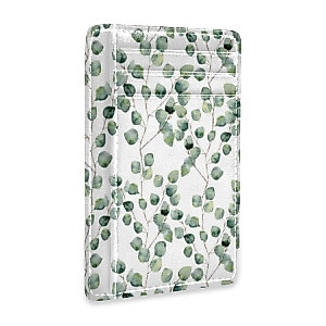 OTVEE Slim Minimalist Wallets Rfid Blocking Card Wallets PU Leather Front Pocket Wallets for Men and Women (Fresh Green Plant Eucalyptus Leaves)