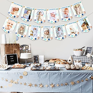 Fangleland Outer Space Theme 1st Birthday Photo Banner, First Trip Around The Sun Birthday Decoration - Blue Baby Picture Banner for Newborn to 12 Months’ Boy