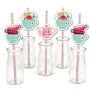 Big Dot of Happiness Floral Let’s Par-Tea - Paper Straw Decor - Garden Tea Party Striped Decorative Straws - Set of 24