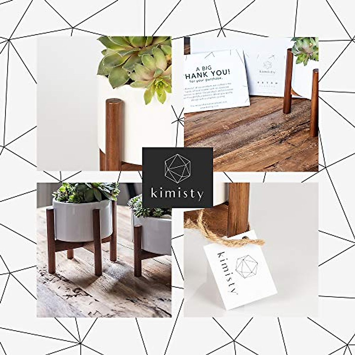 kimisty 10 Inch Succulent Planter, Large Round Bowl with Drainage, Mid Century White Ceramic Pot with Wood Stand, Succulent Garden Shallow Pot, Tabletop Centrepiece, Includes Gift Pack