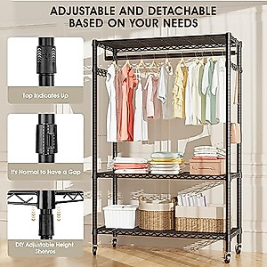 DEKYHOME Portable Closet, Clothing Rack with Storage Shelves, 3 Tiers Adjustable Wire Heavy Duty Rolling Garment Rack, Freestanding Closet Organization Systems with Double Rods and Side Hooks
