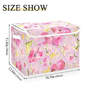 GUIJI Petunias Pink Fabric Storage Bins with Lids and Handle，Foldable Storage Bins with Lids，Closet Organizers for Clothes Storage，Room Organization, Office Storage, Chest Organizer