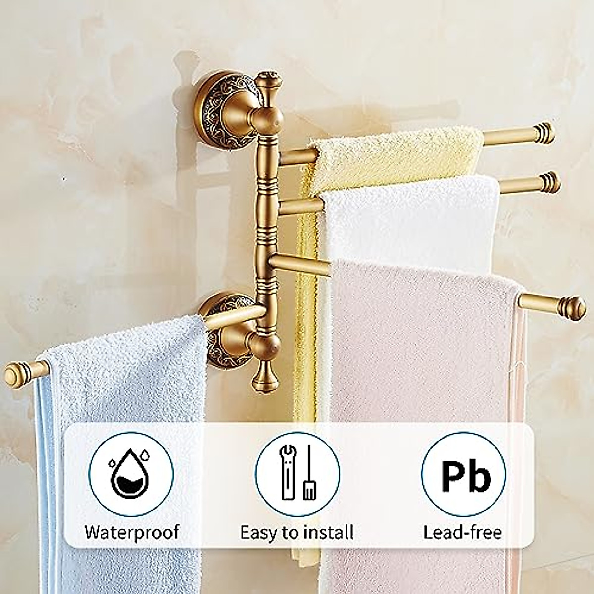 Swivel Towel Rack for Bathroom, Antique Bronze Folding 4 Arms Hand Towel Bars Towel Hanger for Laundry, Wall Mount Storage Space Saving,Pattern Carving Design