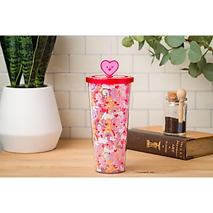 Silver Buffalo Care Bears Love Rainbow Hearts Featuring Friend Bear and Love-A-Lot Bear Plastic Cold Cup with Lid and Topper Straw, 24 Ounces