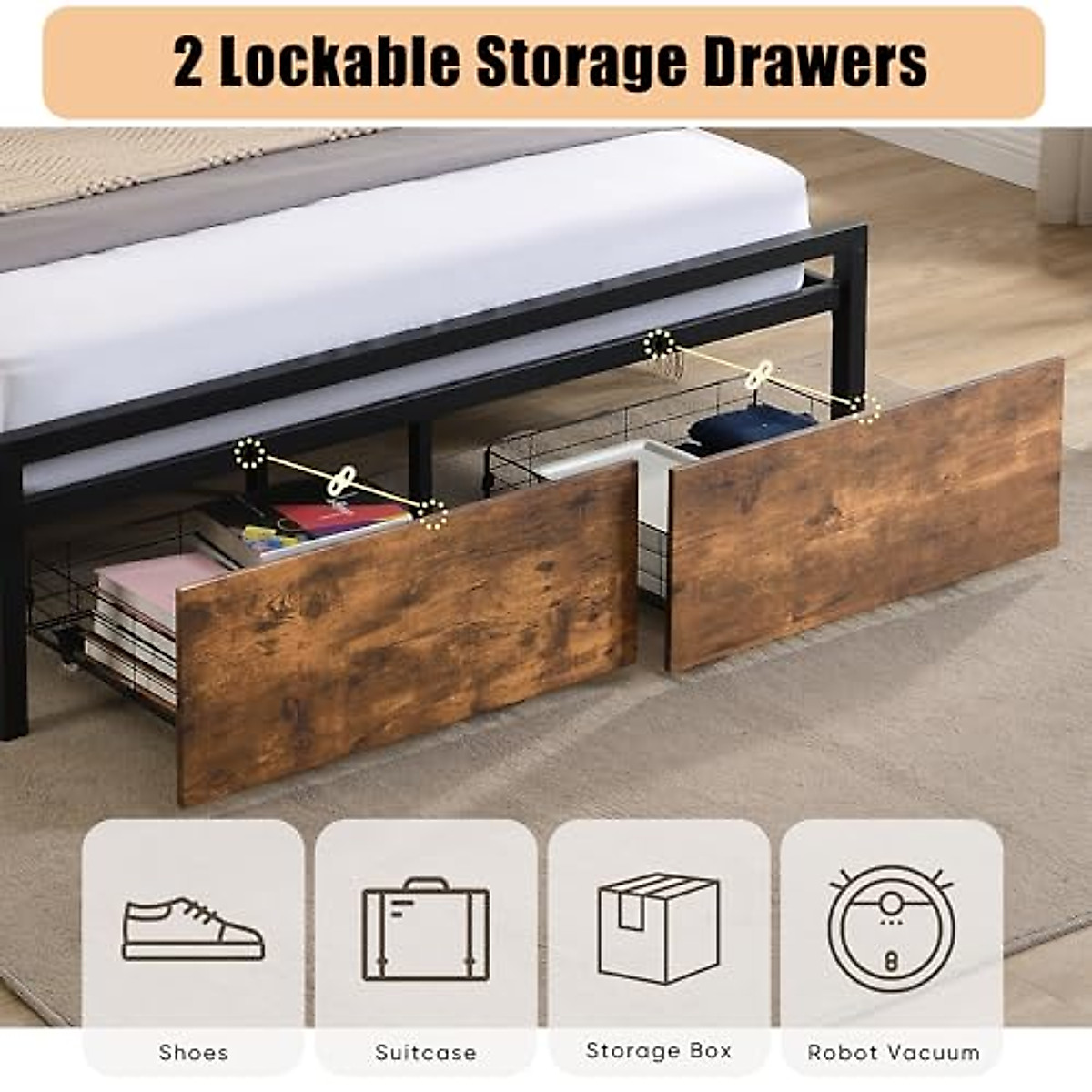 SAMTRA Bed Frame with Headboard & 2 Storage Drawers, Wooden Headboard with Led Lights and Charging Station Shelf, Metal Platform & Slat Bedframe, Easy Assembly (Brown Simple (with 2 Drawers), Queen)