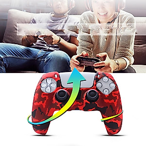 PS5 Controller Skin,Hikfly Silicone Cover for PS5 Controller Grips,Non-Slip Cover for PlayStation 5 Controller- 1 x Skin with 8 x Thumb Grip Caps(Red)