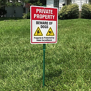 SmartSign 12 x 10 inch “Private Property - Beware Of Dogs, Property Protected By Video Surveillance” Yard Sign with 3 foot Stake, 40 mil Laminated Rustproof Aluminum, Multicolor, Set of 1, USA-Made