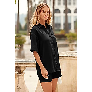 PRETTYGARDEN Women's 2 Piece Satin Pajama Sets Short Sleeve Button Down Tops And Shorts Set 2023 Summer Pjs Silk Sleepwear (Black,Medium)
