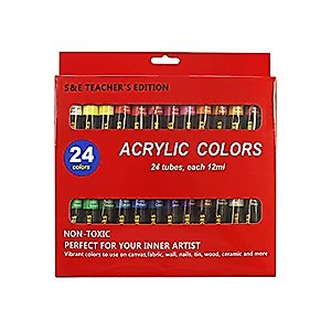 S & E TEACHER'S EDITION Acrylic Paint 24 Colors, 0.4 oz (12 ml) Tubes, Perfect for Canvas, Rocks, Glass, Wood, Fabric and More, Christmas Halloween Gifts.