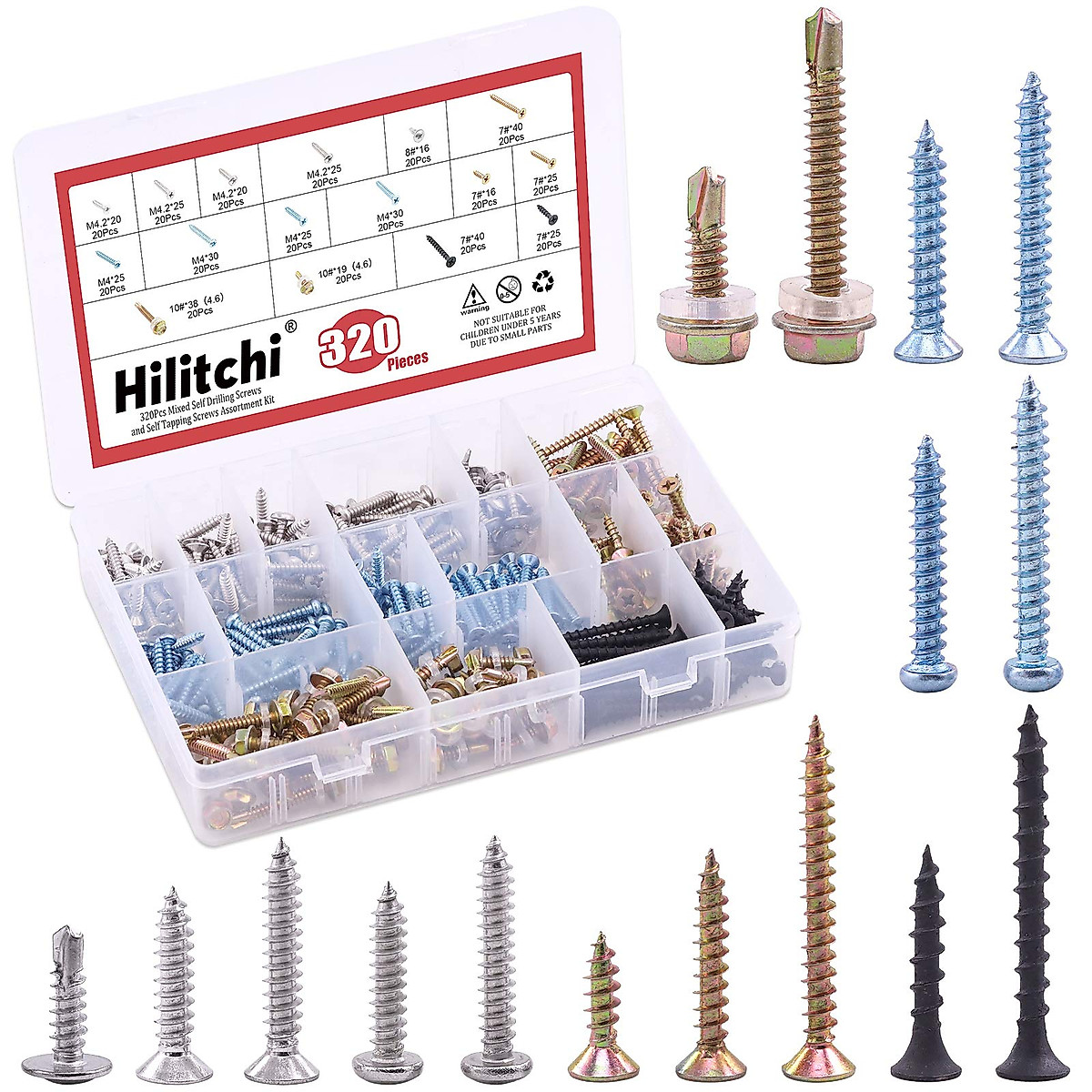 Hilitchi 320Pcs Self Drilling Self Tapping Screws Stainless Steel Zinc Plated Phillips Flat Head Bugle Head Pan Head Wafer Head Screw Assortment Kit for Wood Screws, Sheet Metal Screws, and Drywall