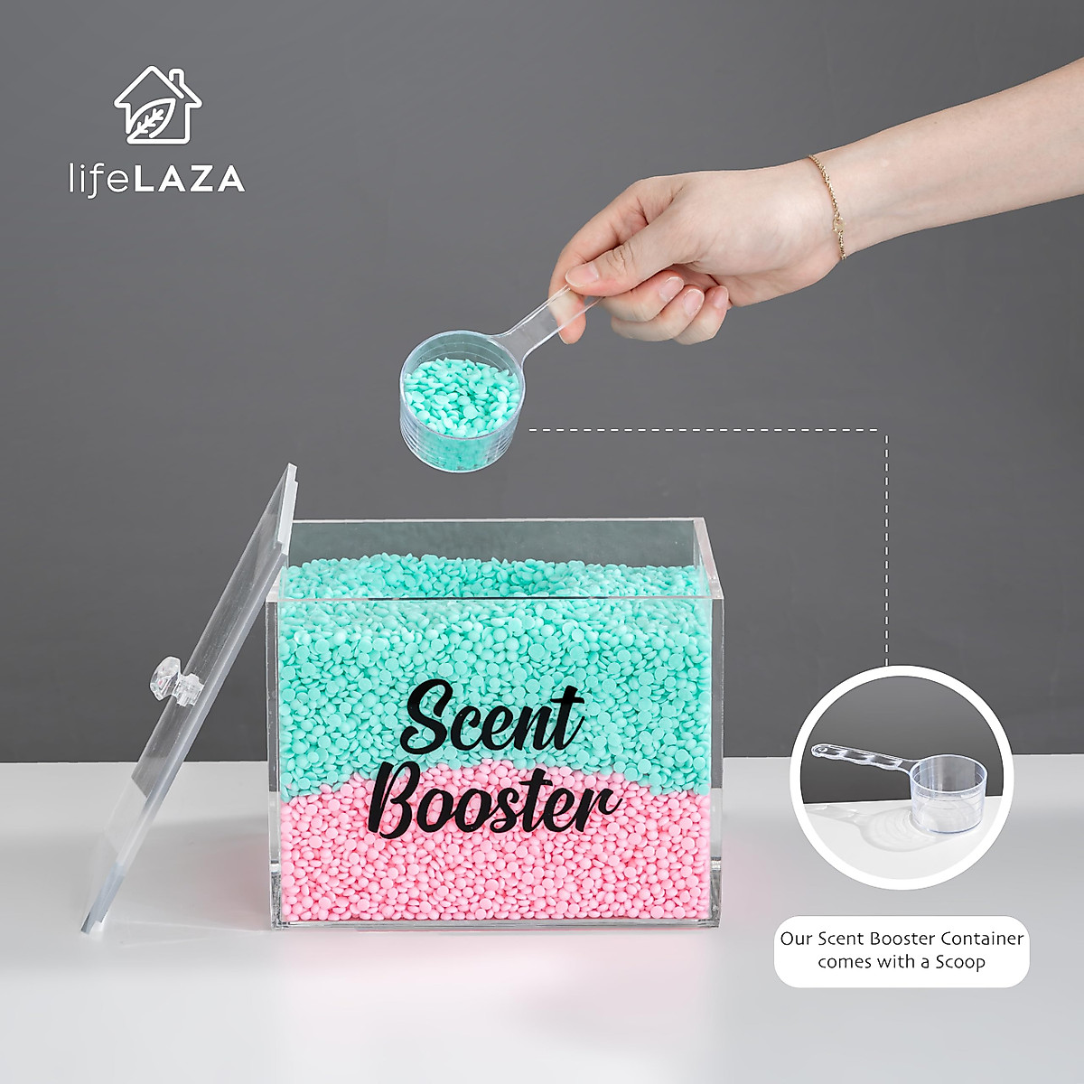 LifeLAZA Acrylic Scent Booster Container with Lid, Scent Beads Container For Laundry Beads, Laundry Dispenser Storage, Jar Box Organization Holder for Laundry Room Decor