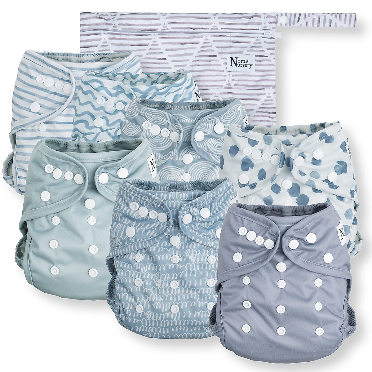 Nora's Nursery Cloth Diaper Cover, Washable Reusable Diaper Cover with Snap Closure, Cloth Diaper Shell for Prefold, Flat or Fitted Cloth Diaper Inserts, Wet Bag Included, Something Blue