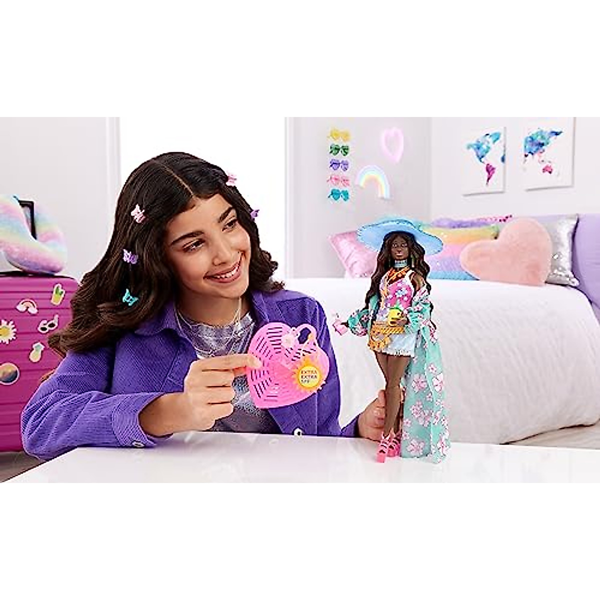 Barbie Extra Fly Doll with Beach-Themed Travel Clothes & Accessories, Tropical Coverup with Oversized Hat & Bag