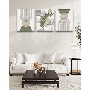 iHery Sage Boho Wall Art, 12x16in Framed Canvas Wall Art Pictures, Mid-Century Modern Wood Framed Abstract Prints for Bedroom,Minimalist wall Decor Bathroom 3Pack