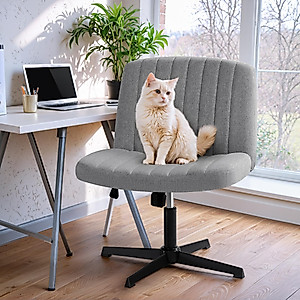 YESHOMY Cross Legged Armless Wide Adjustable Swivel Padded Linen Fabric Home Office Desk Chair No Wheels, Set of 1, Light Grey