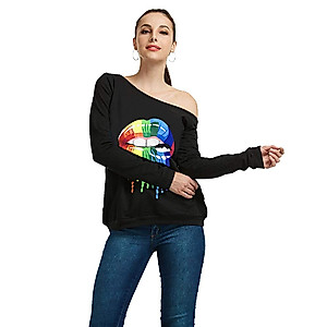 MAGICMK 80s Outfit for Women,Off Shoulder Long Sleeve,80s Outfit Sweatshirt Slouchy Printed Neon Long Tunics Top for Party (4XL)