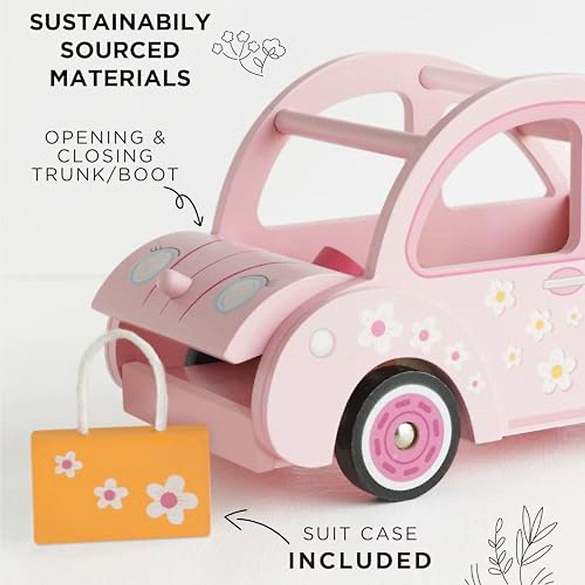Le Toy Van - Wooden Daisylane Sophie's Car Accessories Play Set for Dolls Houses - Wooden Car Toy with Luggage Accessory - Dollhouse Accessories - Suitable for Ages 2+,Bright Pink, Medium