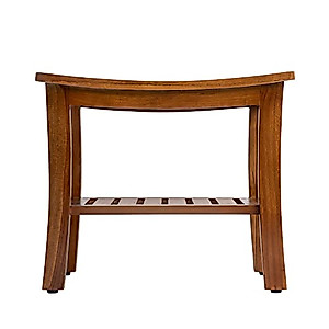 The Teaky Hut Teak Wood Waterproof Shower Bench - with Shelf, 21 Inch, Wooden Seat Stool for Bathroom, Spa, Garden, Fully Assembled