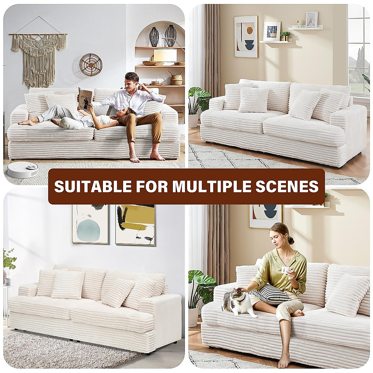 80" W Loveseat Sofa, Mid Century Modern Love Seat Couches for Living Room, Corduroy Small Couch, Comfy Upholstered Couch for Small Spaces, Bedroom,White