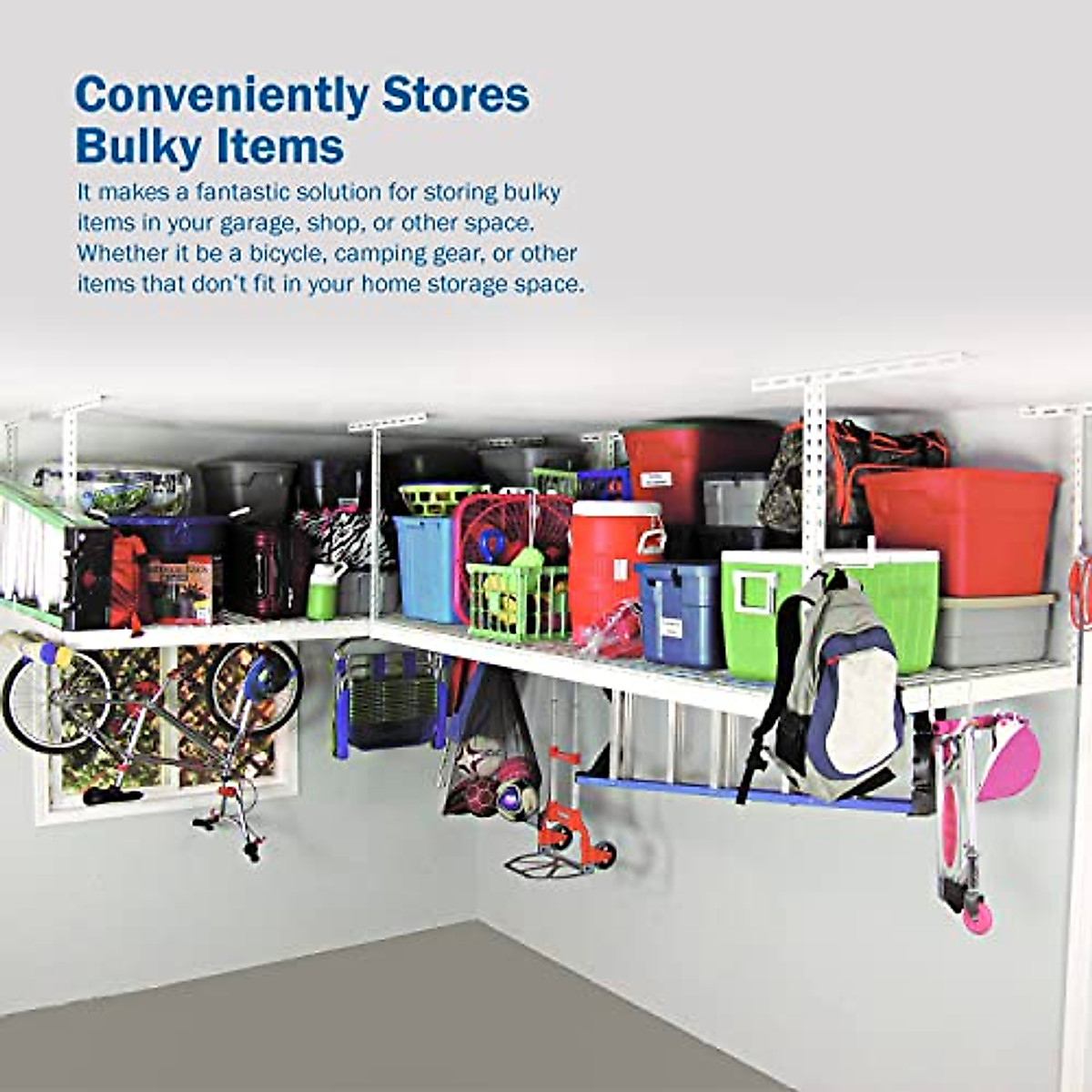 MonsterRax Overhead Garage Storage Rack- 4 x 8 Ceiling Rack for Garage Shelving, Organization, & Storage, Adjustable Hanging Storage for Bikes, Equipment & Accessories (White, 24"-45", 2-Pack).