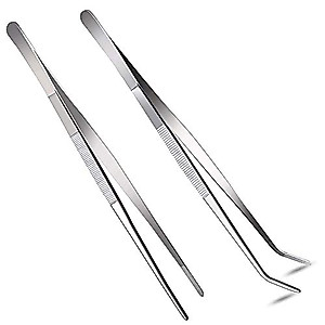 2 Pcs 12 Inch Long Handle Stainless Steel Straight and Curved Tweezers Nippers, Set with Serrated Tips Comfortable Ridged Handle for Garden, Kitchen, Indoors and Outdoors