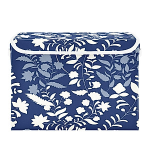 Flradish Blue and White Flowers Collapsible Storage Box with Lid Closet Organizer with Handle Washable Stackable