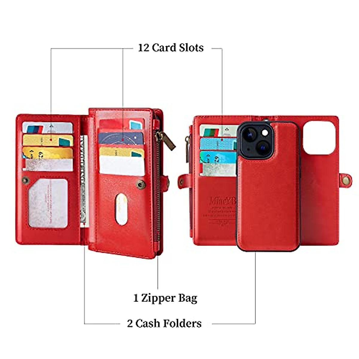 MInCYB Wallet Case Compatible with iPhone 13 Pro Max, Zipper Case with RFID Blocking Card Holder Slot, Magnetic Detachable Zipper Purse with Wristlet Strap, Leather Cover for iPhone 13 Pro Max. Red