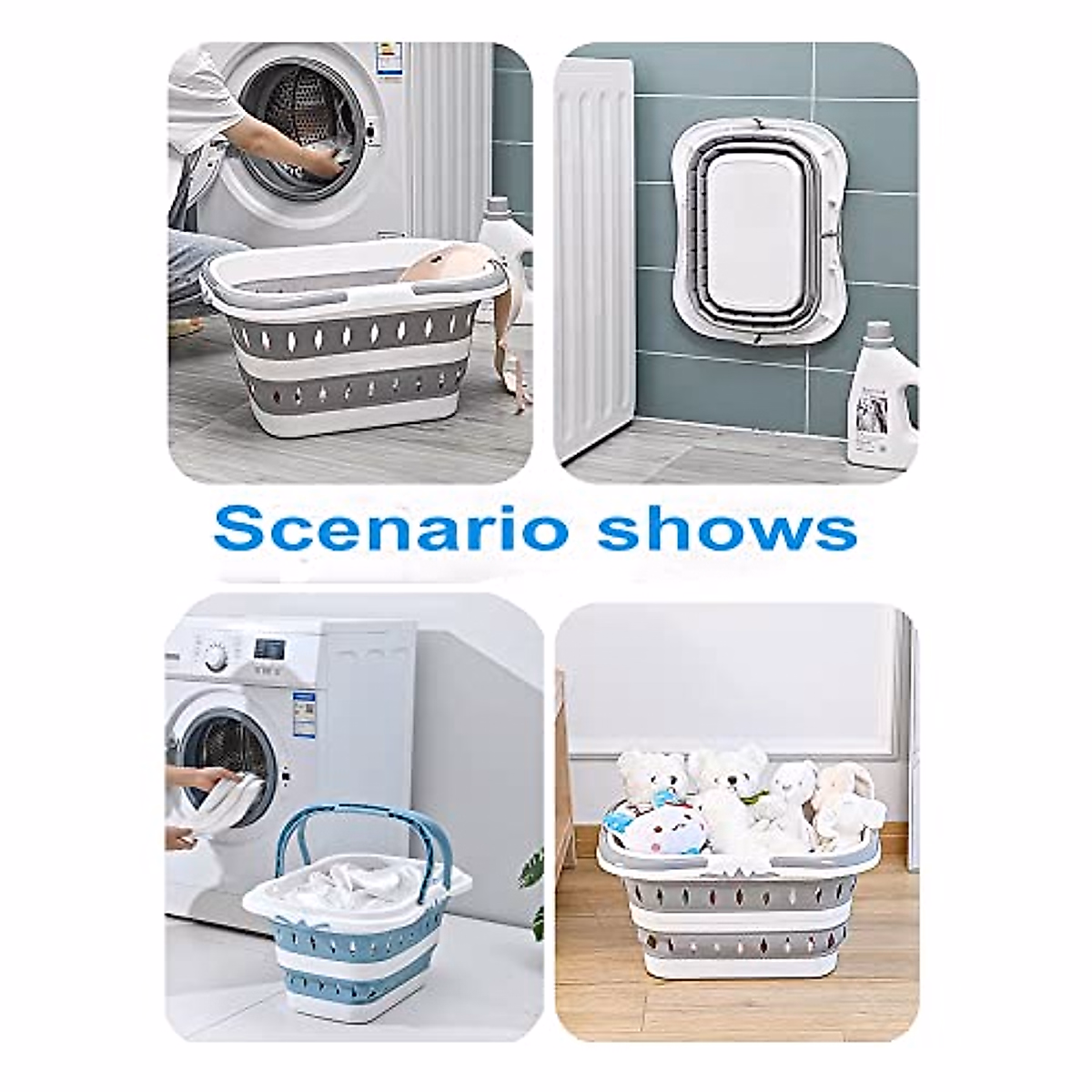 Collapsible Plastic Laundry Baskets with Handles, Smart Space Saving Deisgn Washing Bin Kitchen Storage, Large Folding Pop Up Laundry Hamper for Bedroom and Bathroom (Grey)