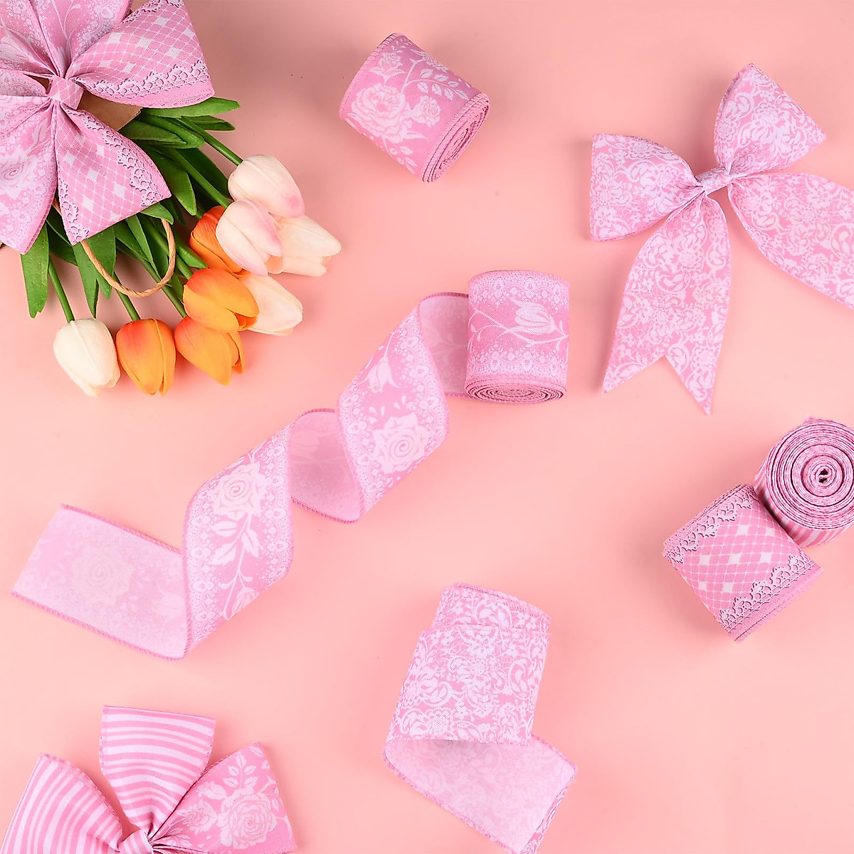 5 Rolls 30 Yards Floral Wired Edge Ribbon 2.5'' Pink Rose Flowers Printed Decorative Ribbon for Gift Wrapping Hair Bow Wreath Making for Wedding Valentine's Day Crafts Supplies