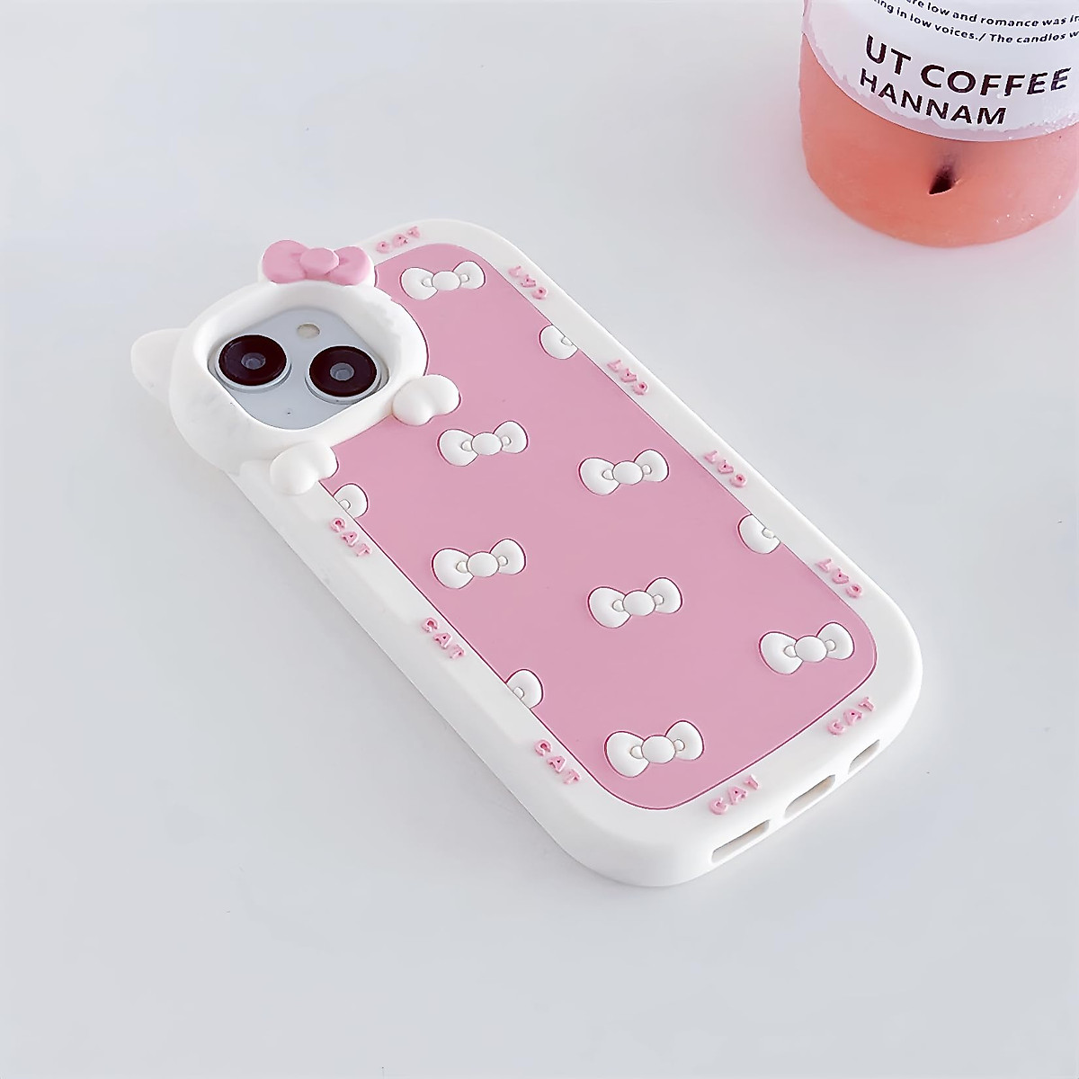 AUCAN Cute Silicone Case for iPhone 14 Pro Max 6.7", Pink Kawaii Soft Funny Cover, Shockproof Classic Cat Bow Cellular Phone Case for Girls Women