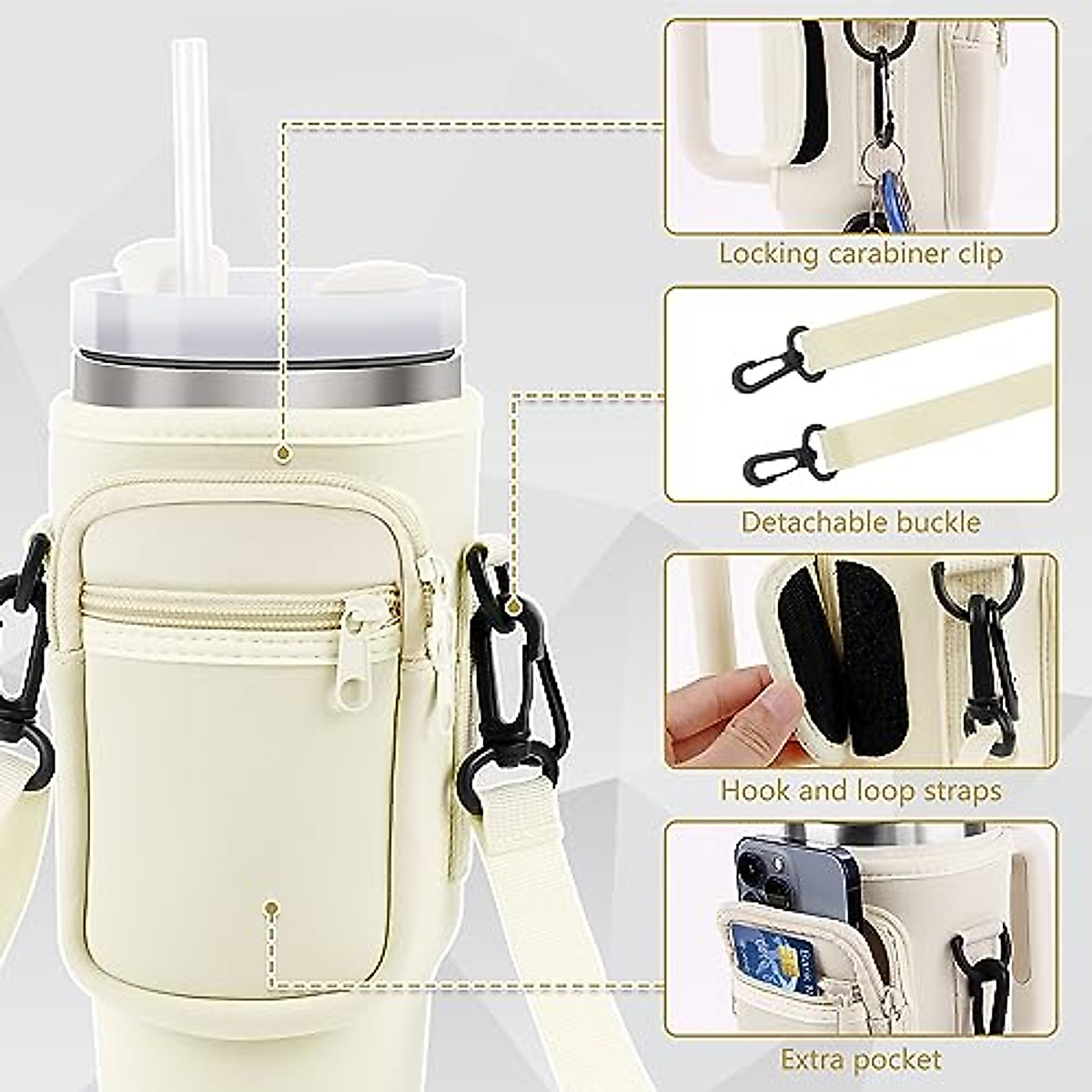 UQM Water Bottle Carrier Bag for Stanley 40 Oz Tumbler with Handle, Water Bottle Holder with Adjustable Shoulder Strap, Stanley Cup Accessories for Hiking Travelling Camping (Cream)