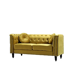 US Pride Furniture Modern Style Soft Elegant High Density Foam 64.17'' Wide Golden Yellow Velvet Rolled Arm Chesterfield Living Room Loveseat with Removable Cushion & Solid Wood Legs (S5608-5613)