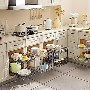 ROOMTEC Pull Out Cabinet Organizer 17" W x 18" D, Kitchen Cabinet Organizer and Storage 2-Tier Cabinet Pull Out Shelves Under Cabinet Storage for Kitchen Black