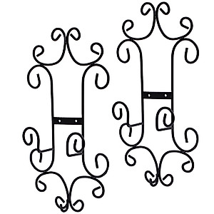 MyGift Wall Plate Display Holder, Set of 2 - Vintage Scroll Work Style Black Metal Wall-Mounted Tea Cup and Saucer Hanging Rack, Holds Plates Up To 11 Inches