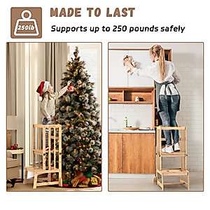 DORPU Toddler Tower, Adjustable Height Toddler Step Stool with CPC Certification, Safety Rail & Anti-tip Feet & Non-Slip Tapes Vertical Guardrail Toddler Stool for Kitchen, Natural Bamboo