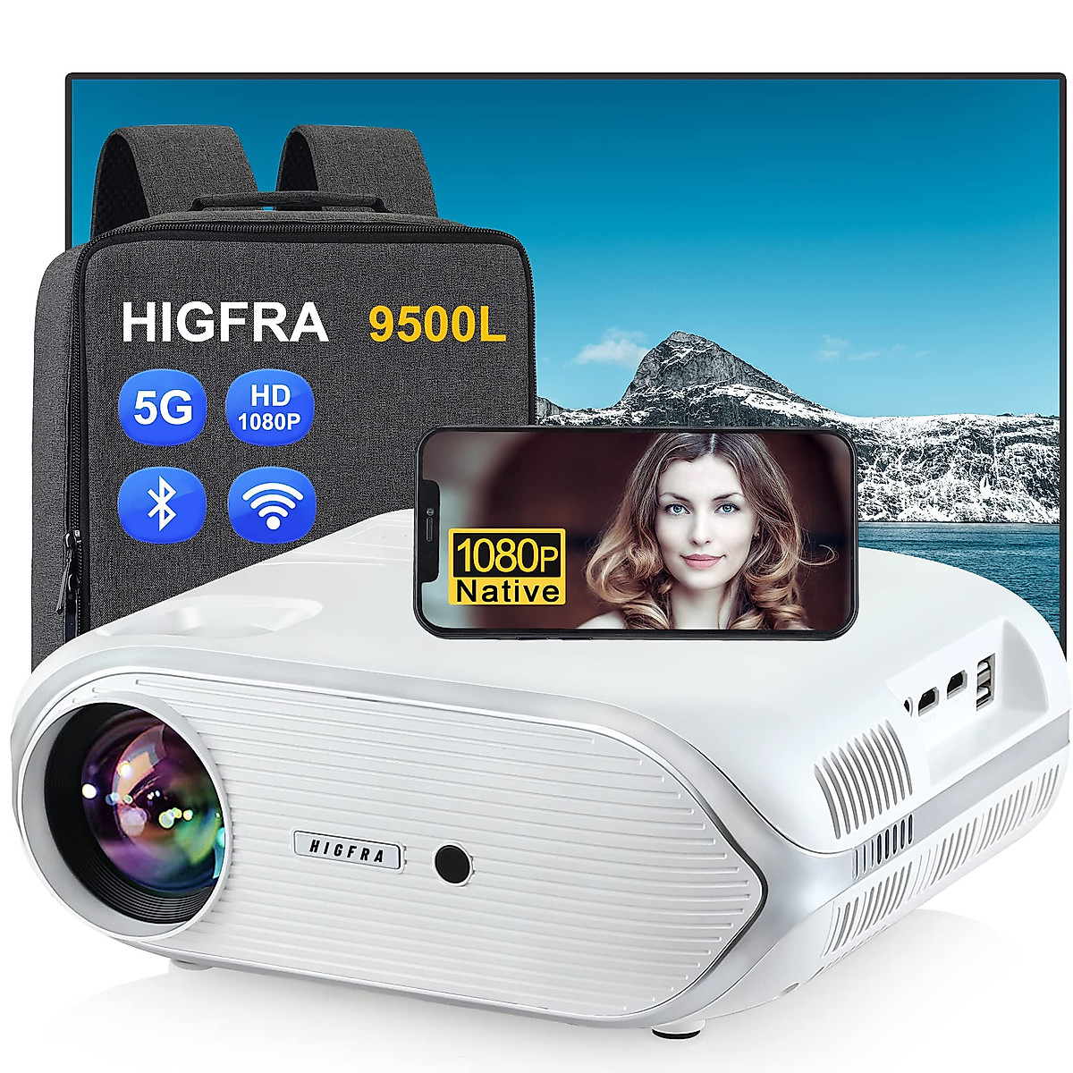 Projector with 5G WiFi and Bluetooth JIFAR 560 ANSI 16000L Native 1080P Outdoor Movie Projector 4k Support,Auto 6D Keystone&50% Zoom,Portable Smart Home LED Video Projector for Phone/PC