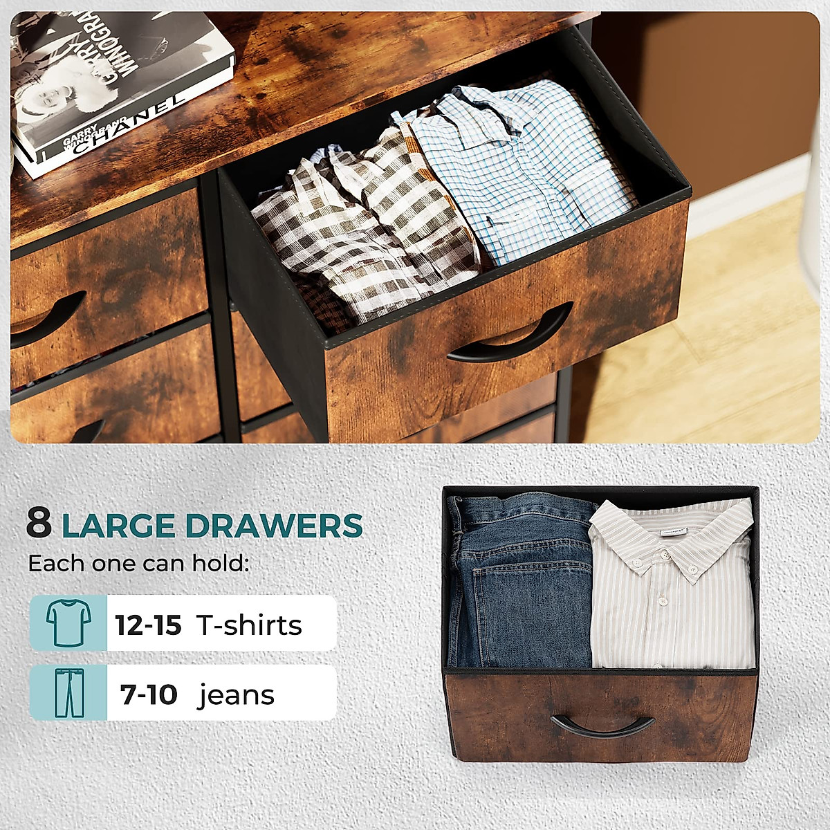 SMUG Dresser for Bedroom Cabinet Organizers Wood Top Table Furniture with 8 Fabric Storage Tower Unit, Chest of Drawers for Closet, Living Room, Hallway, Porch, Rust Brown