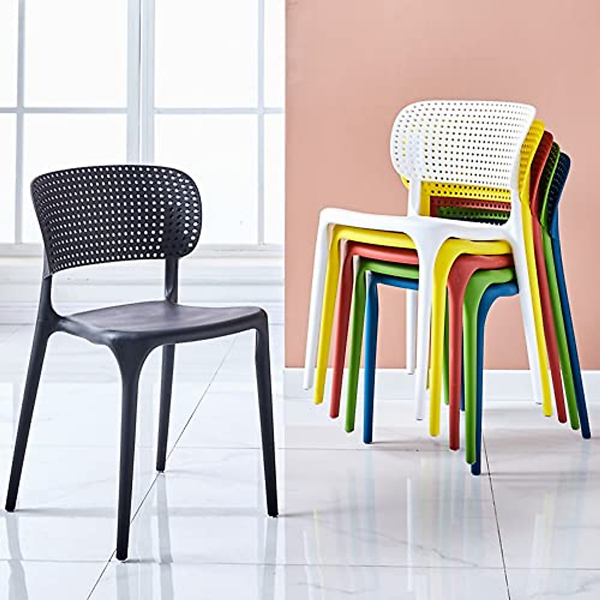 LITFAD Modern Indoor-Outdoor Plastic Dining Armchair Home Open Back Dining Chairs Set for 4 Simple Chairs for Dining Room Restaurant Office - Black Set of 4